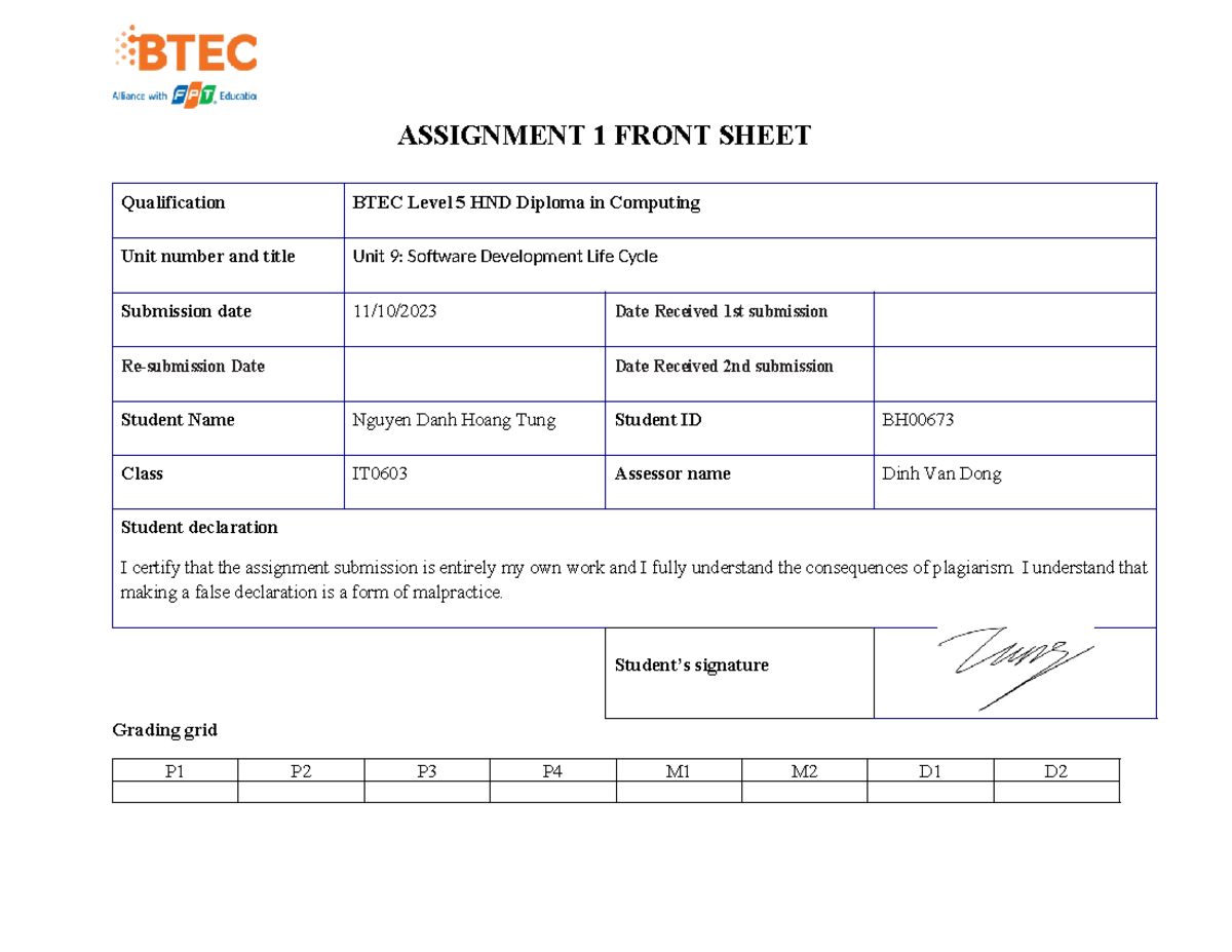 ASM 1 Software Development Life Cycle - ASSIGNMENT 1 FRONT SHEET Qualification BTEC Level 5 HND ...
