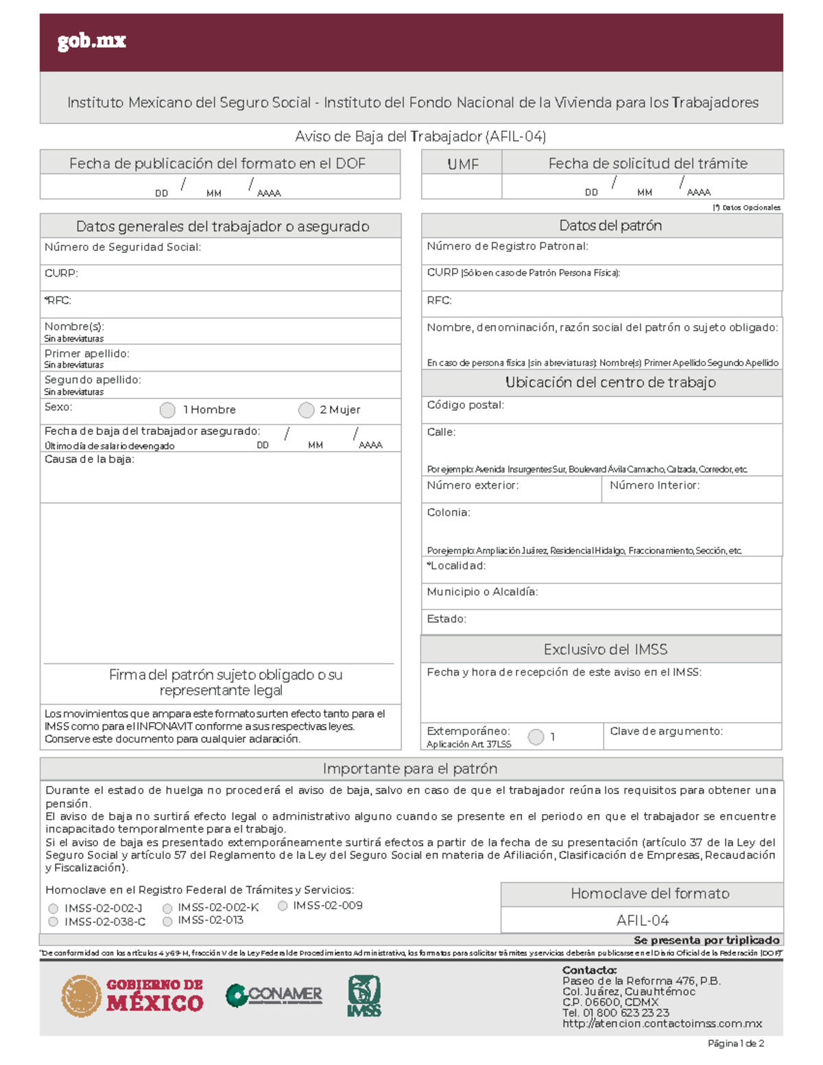 Aviso de Baja del Trabajador - Formato AFIL-04 IMSS/INFONAVIT - Studocu