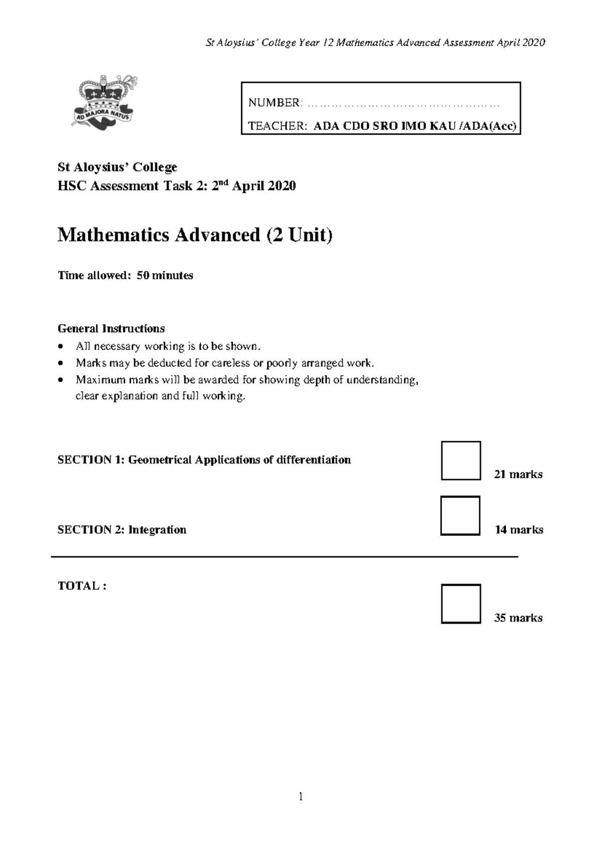 St College Year 12 Mathematics Advanced Assessment 2 (April 2020) - Studocu