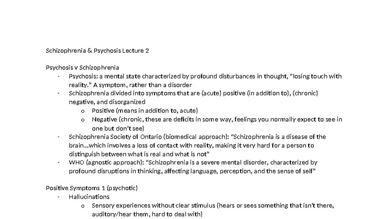 Lecture 2: Understanding Psychosis & Schizophrenia Concepts - Studocu
