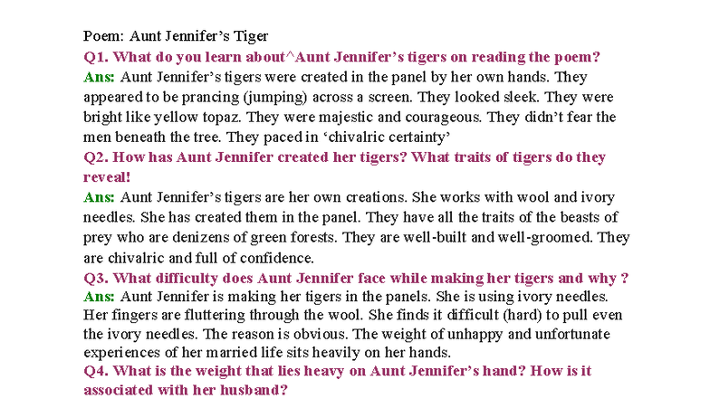 Aunt Jennifer's Tigers: Analysis & Insights (Q1-Q8) - Studocu