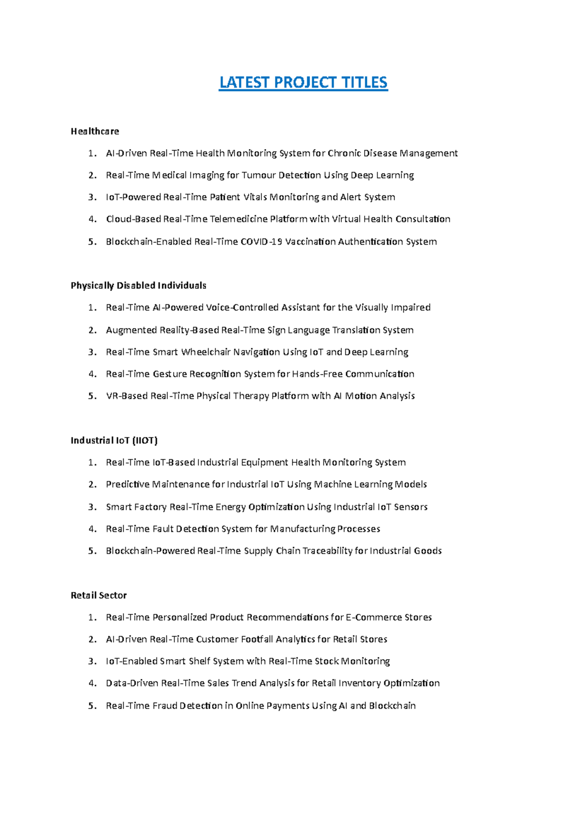 Innovative Project Titles for REAL TIME Technologies 2025 - Studocu