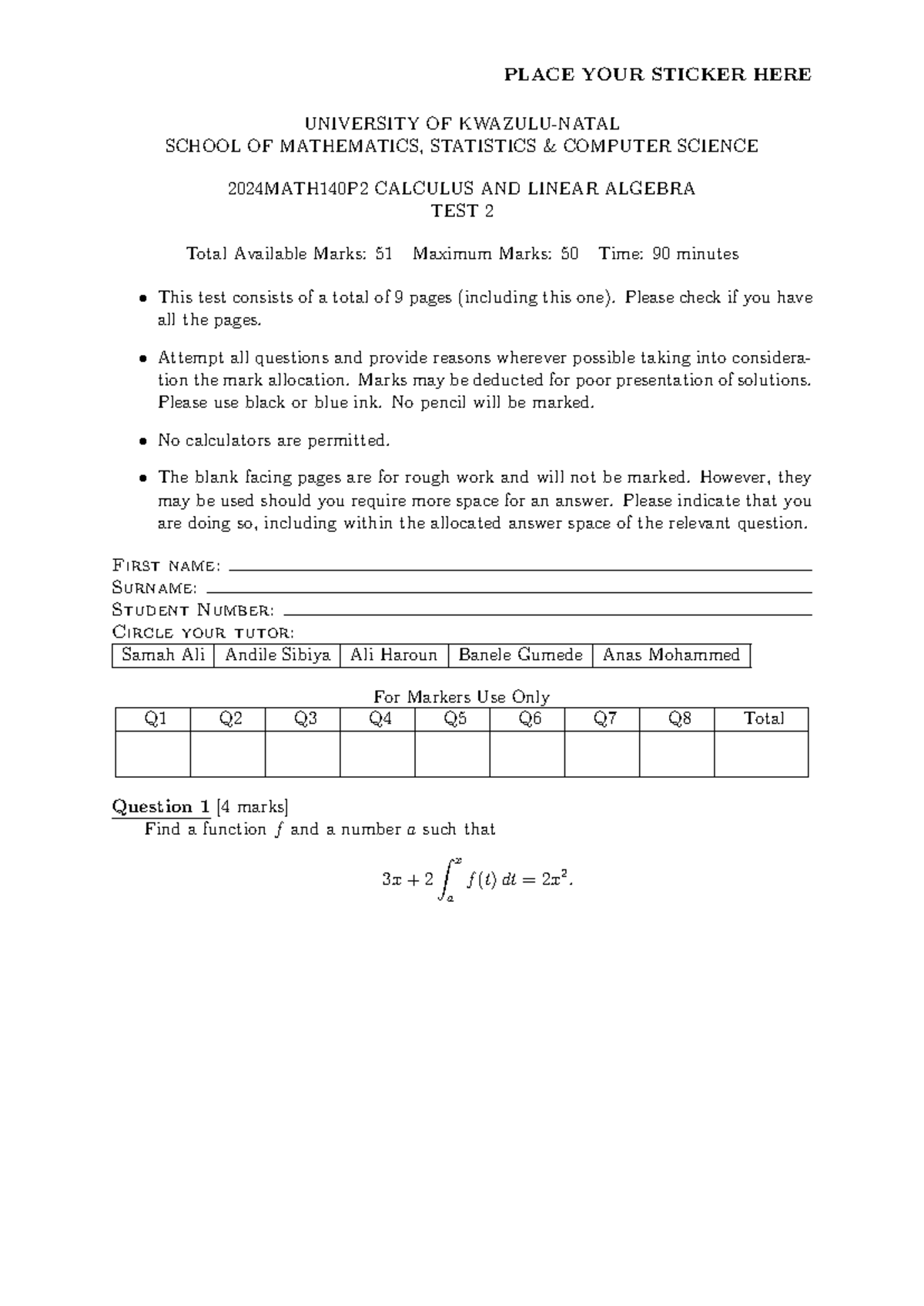 2024 MATH140 P2 - Calculus & Linear Algebra Test 2 Guide - Studocu