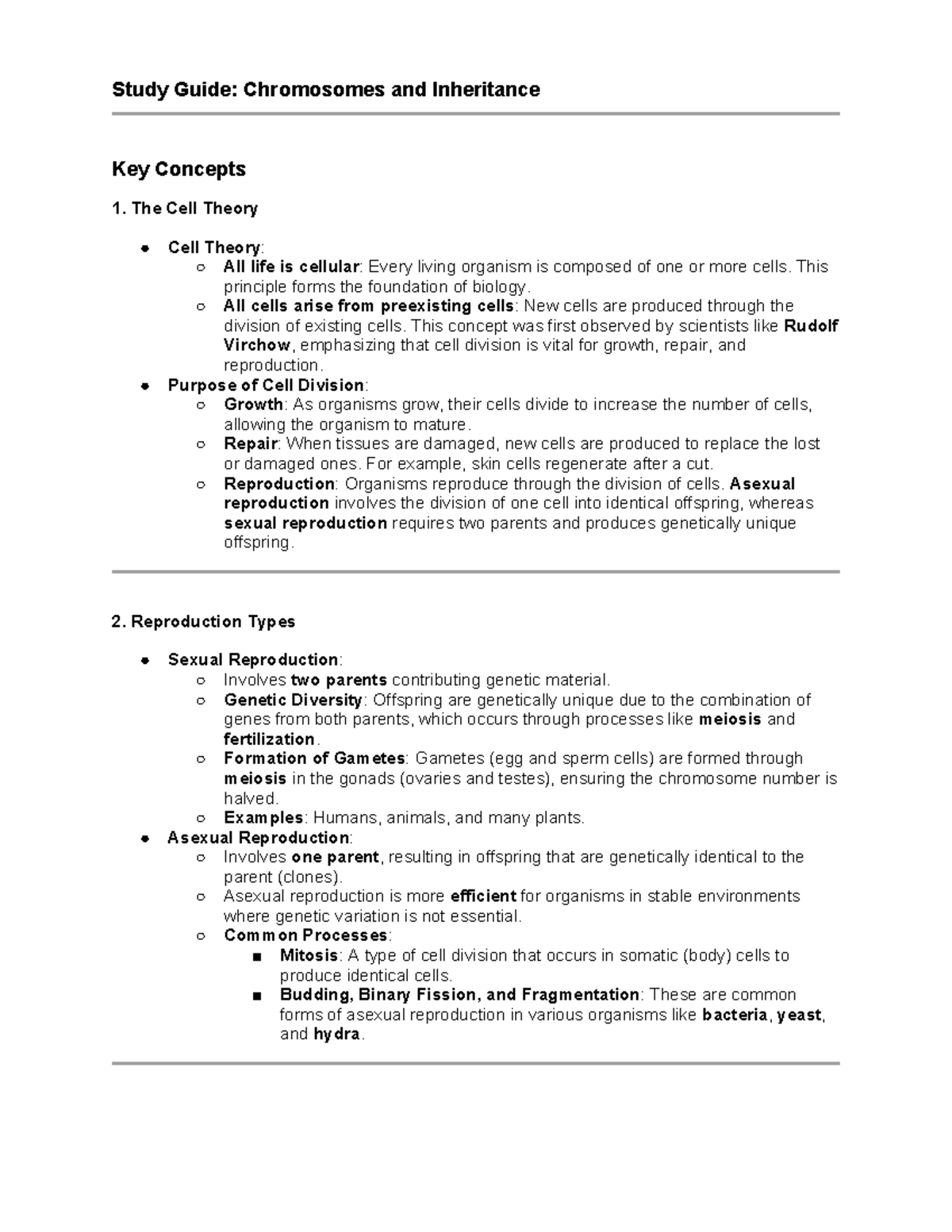 Study Guide: Cell Division, Genetics, and Inheritance (Biol 101 ...