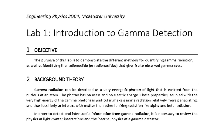 Engineering Physics 3D04 Lab 1: Gamma Detection Techniques and Analysis ...