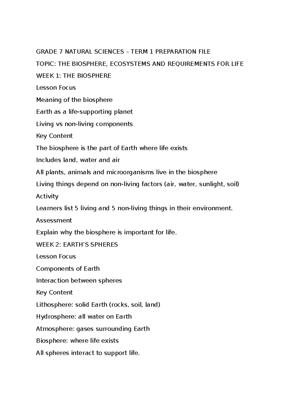 GRADE 7 NATURAL SCIENCES TERM 1 PREP: THE BIOSPHERE & ECOSYSTEMS - Studocu
