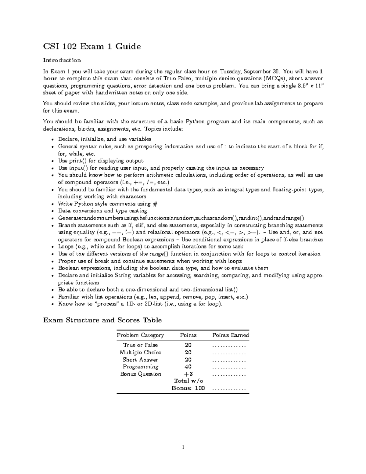 CSI 102 Final Exam 1 Guide: Key Python Programming Topics - Studocu