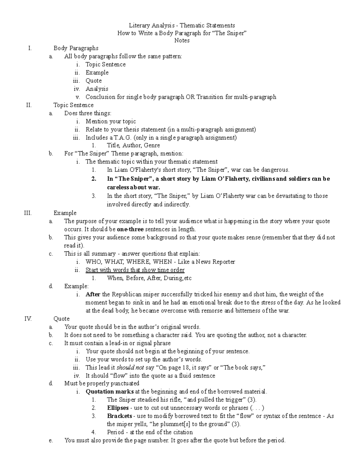 Literary Analysis: Writing Body Paragraphs for "The Sniper" - Studocu