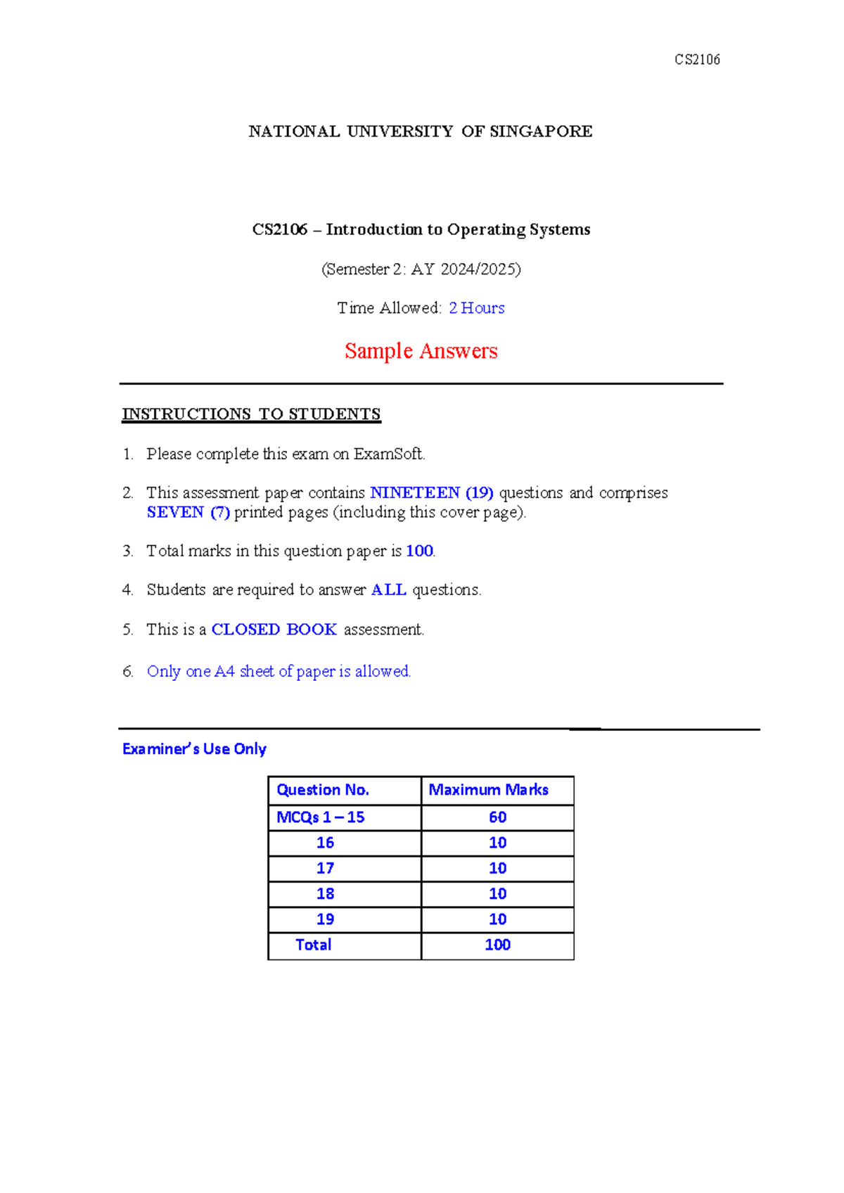 CS2106 Final Exam Sample Questions and Answers - Studocu