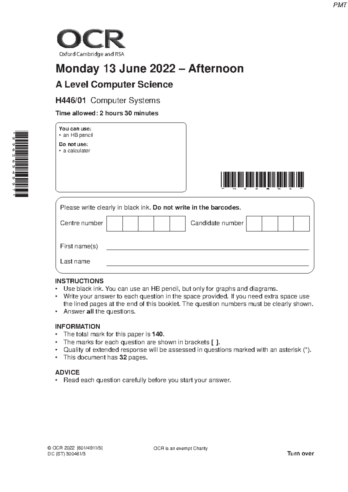 June 2022 A Level Computer Science Paper 1 - OCR Exam Questions - Studocu