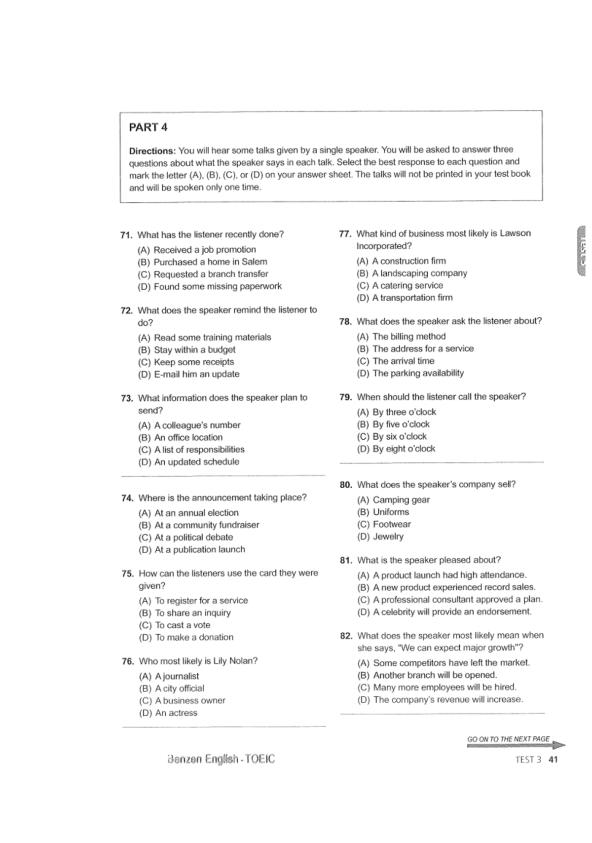 Đề Part 4 Test 2 - Tài Liệu TOEIC - Studocu