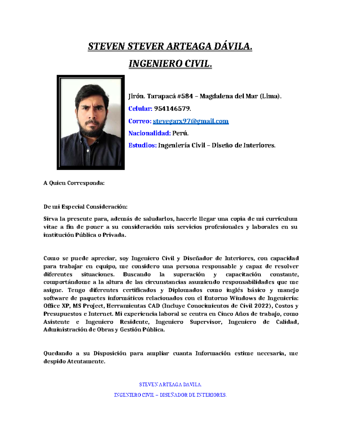 Currículum Vitae de Steven Stever Arteaga Dávila - Ingeniero Civil ...