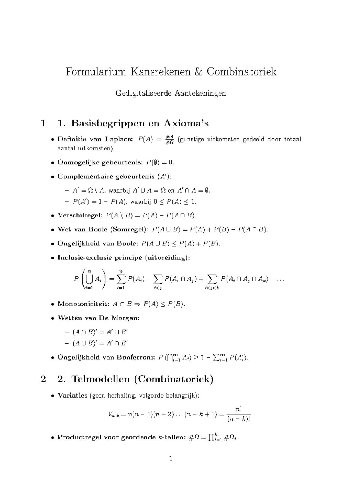 Formularium Kansrekenen & Combinatoriek Aantekeningen - Studocu