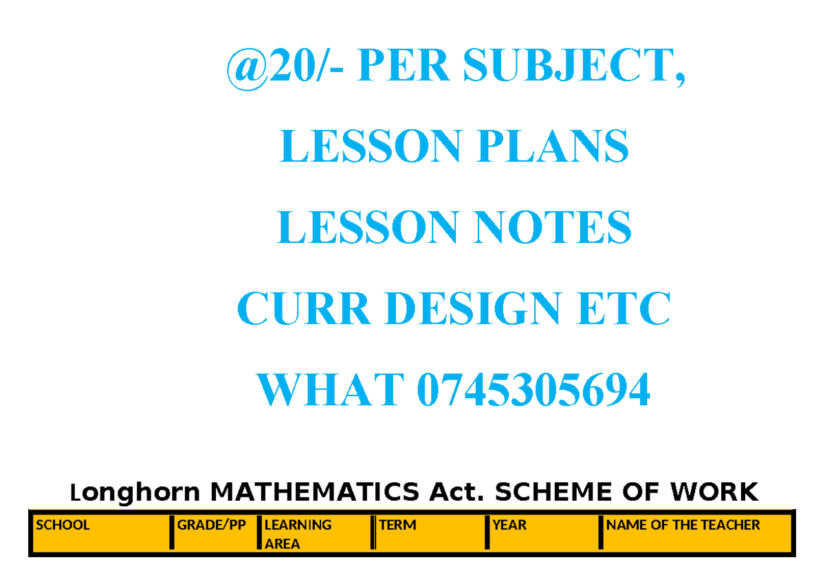 PP2 TERM 1 Mathematics Schemes - @20/- PER SUBJECT, LESSON PLANS LESSON ...