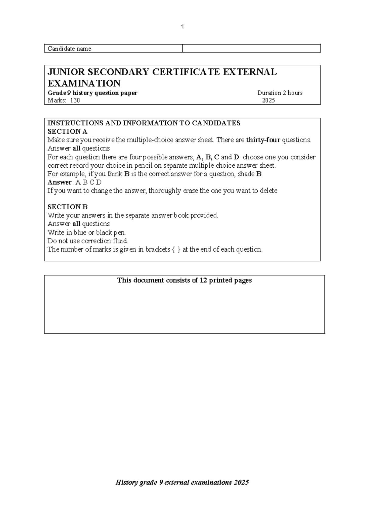 Grade 9 History Question Paper - Junior Secondary Certificate 2025 ...