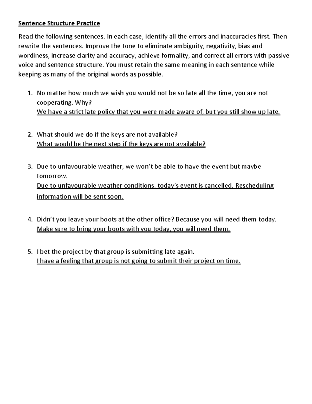 Sentence Structure Practice: Error Correction and Clarity Improvement ...