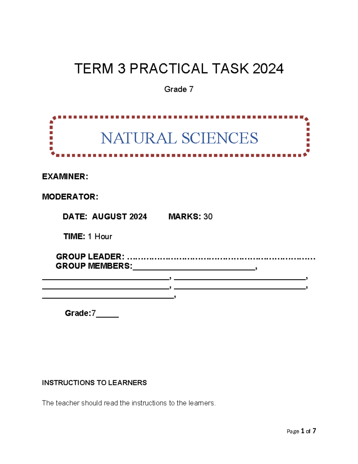 NS Grade 7 Natural Sciences Research Project - Term 3 2024 - Studocu