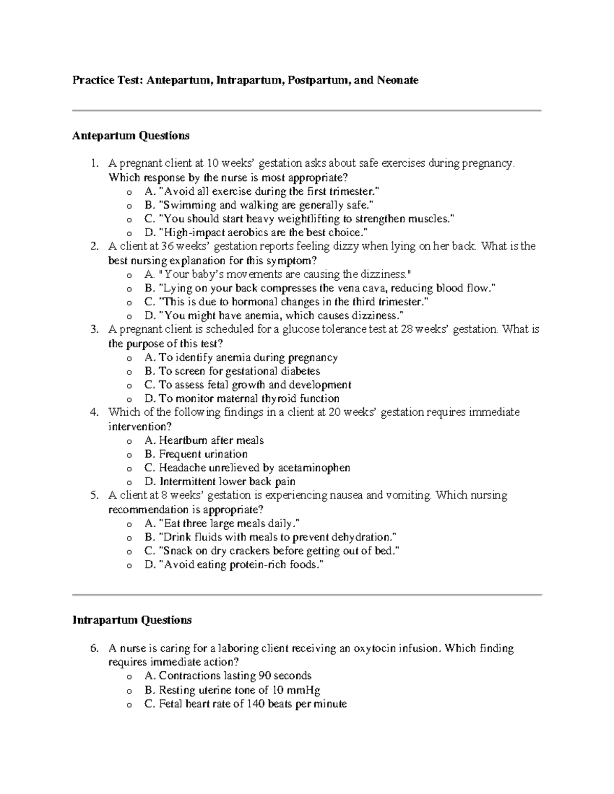 Practice Test OB - Antepartum, Intrapartum, and Postpartum Care - Studocu
