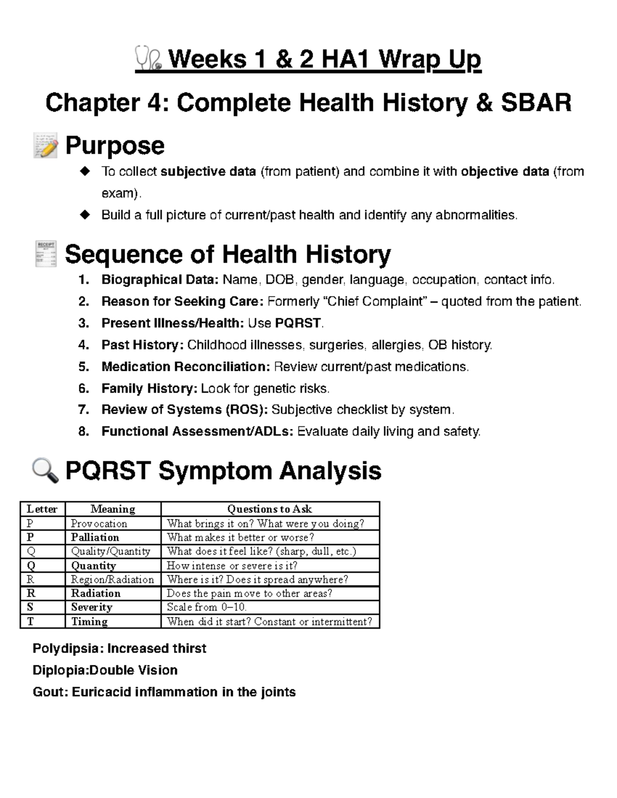 Weeks 1 & 2 HA1 Wrap Up: Complete Health History & Assessment ...