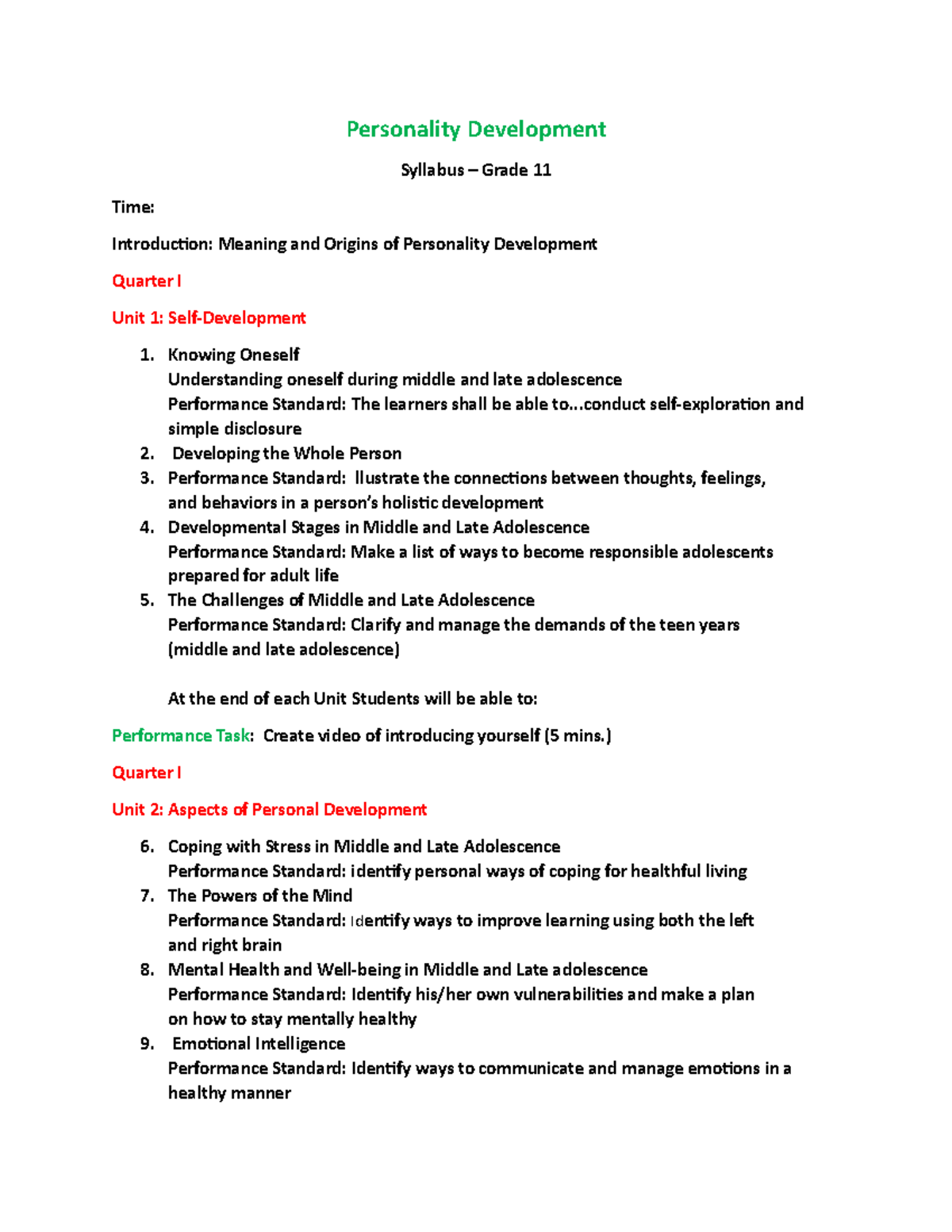 Personality Development Syllabus for Grade 11 - School Year 2022 - Studocu