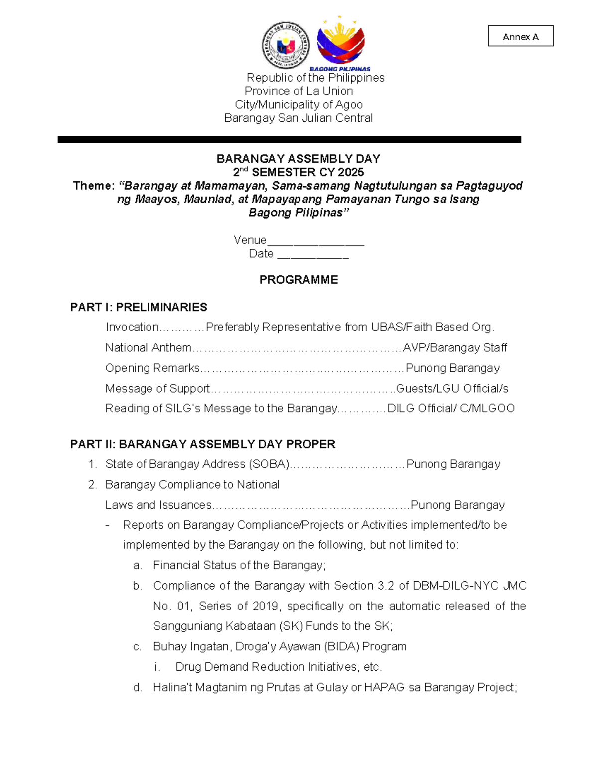 Barangay Assembly Day Program - 2nd Semester CY 2025 - Studocu