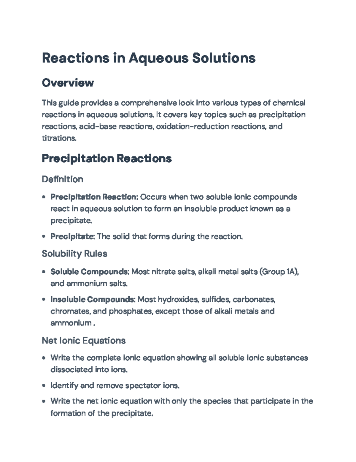 Aqueous Solutions Reactions Guide: Precipitation, Acid-Base, and Redox ...