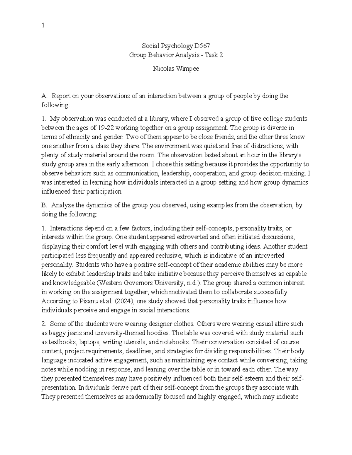 D567 Social Psychology - Group Behavior Analysis Task 2 Report - Studocu