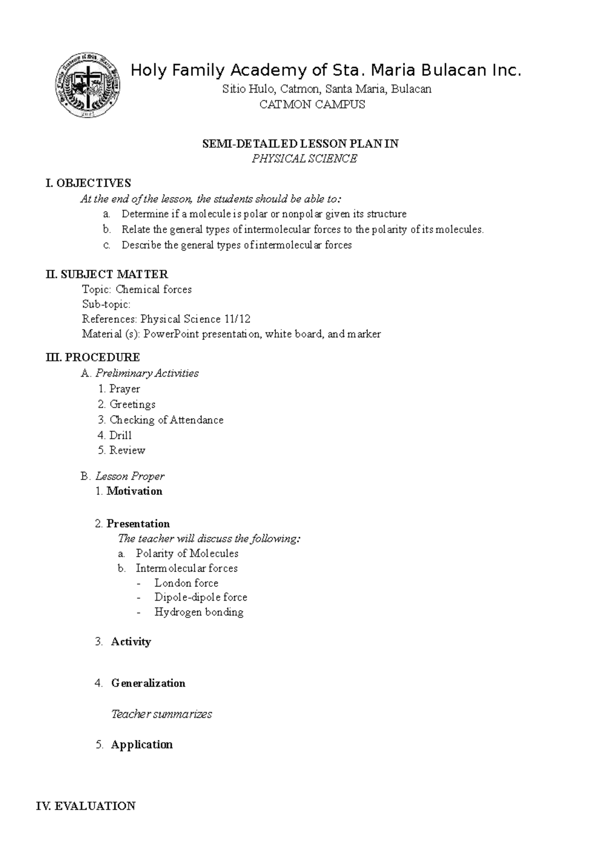 Physical Science 2 - Lesson Plan on Molecular Polarity and Forces - Studocu
