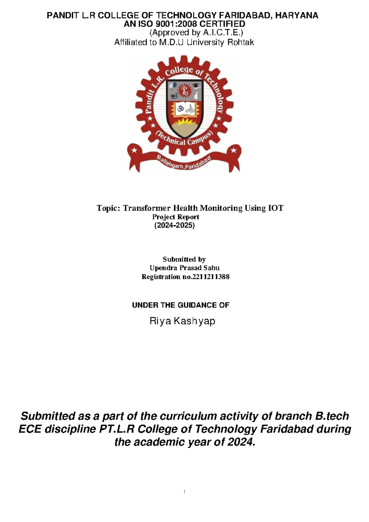 B.Tech ECE Project Report: IoT-Based Transformer Health Monitoring ...