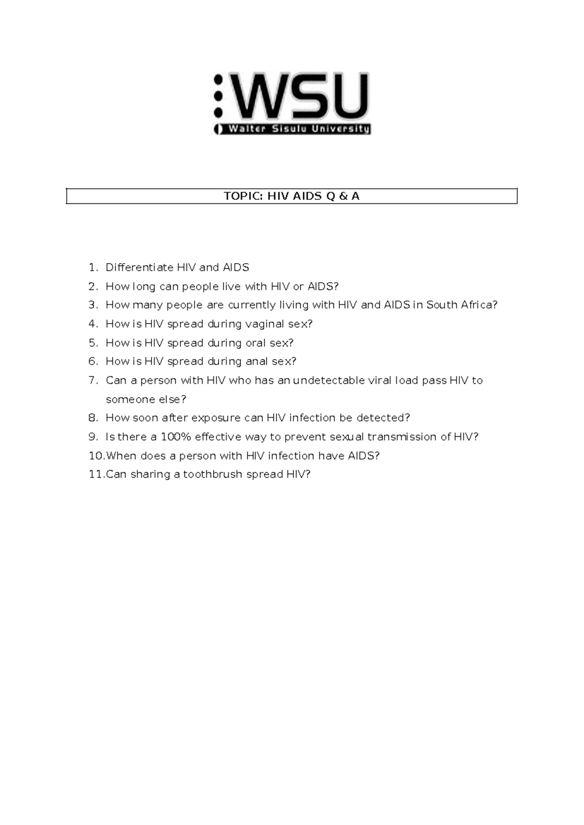 HIV AIDS Exercise (03.03.2025) - TOPIC: HIV AIDS Q & A Differentiate ...