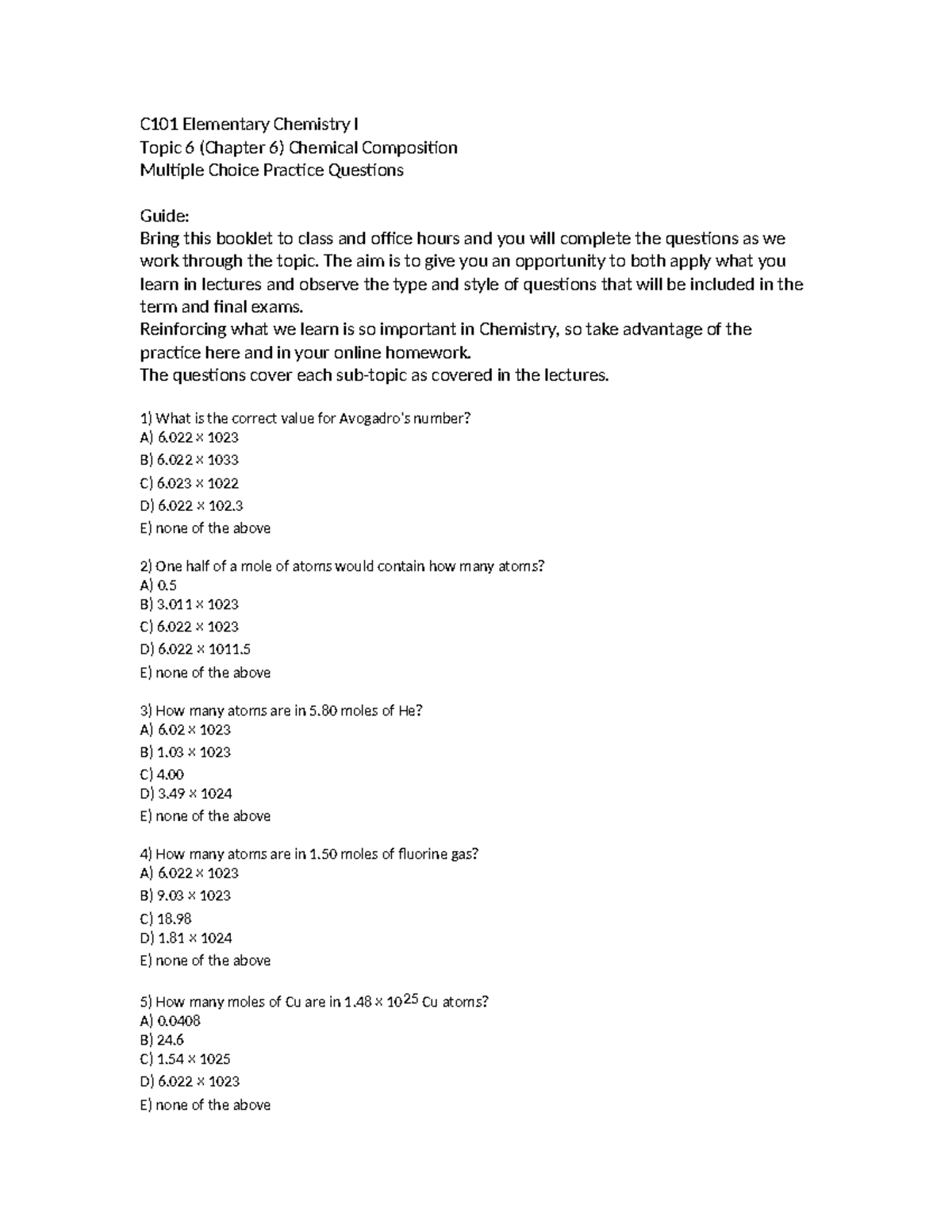 C101 Elementary Chemistry I - Chapter 6 MC Practice Questions Guide ...