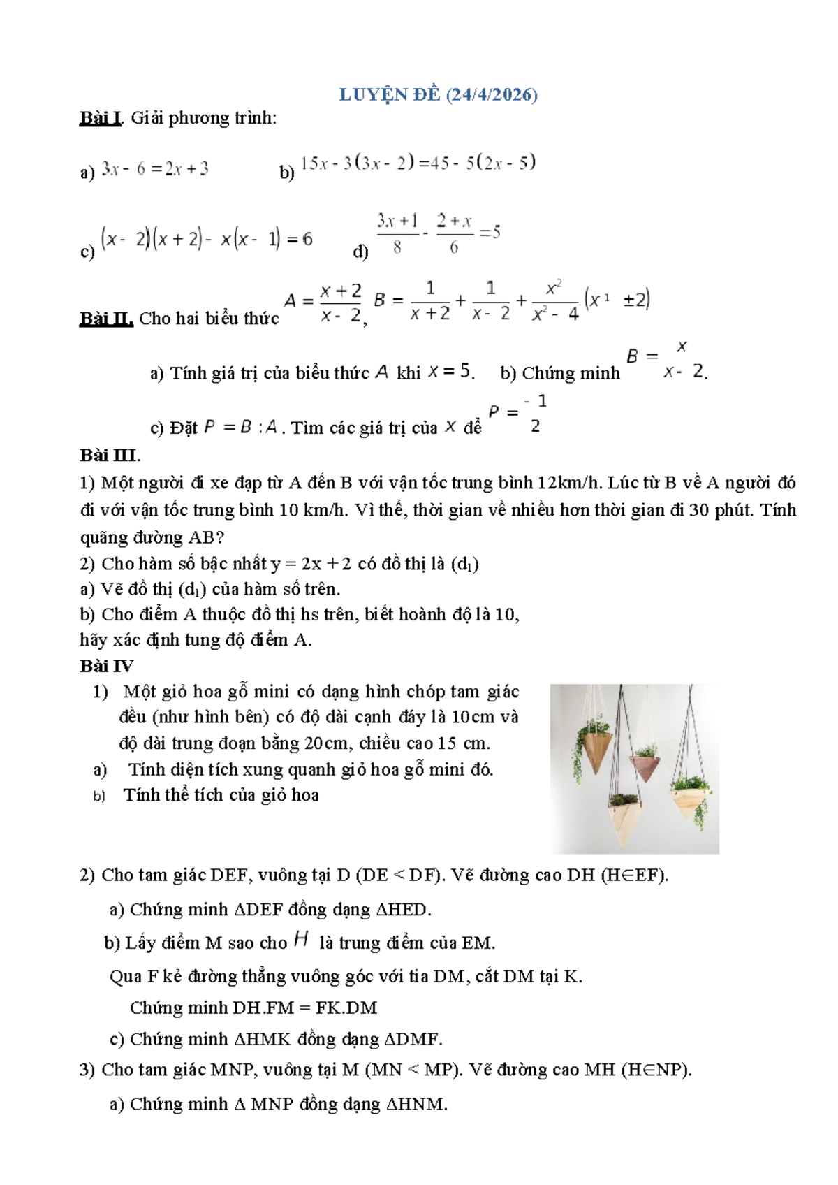 ĐỀ LUYỆN HK2 - TOÁN 8 - Giải Phương Trình và Hình Học - Studocu