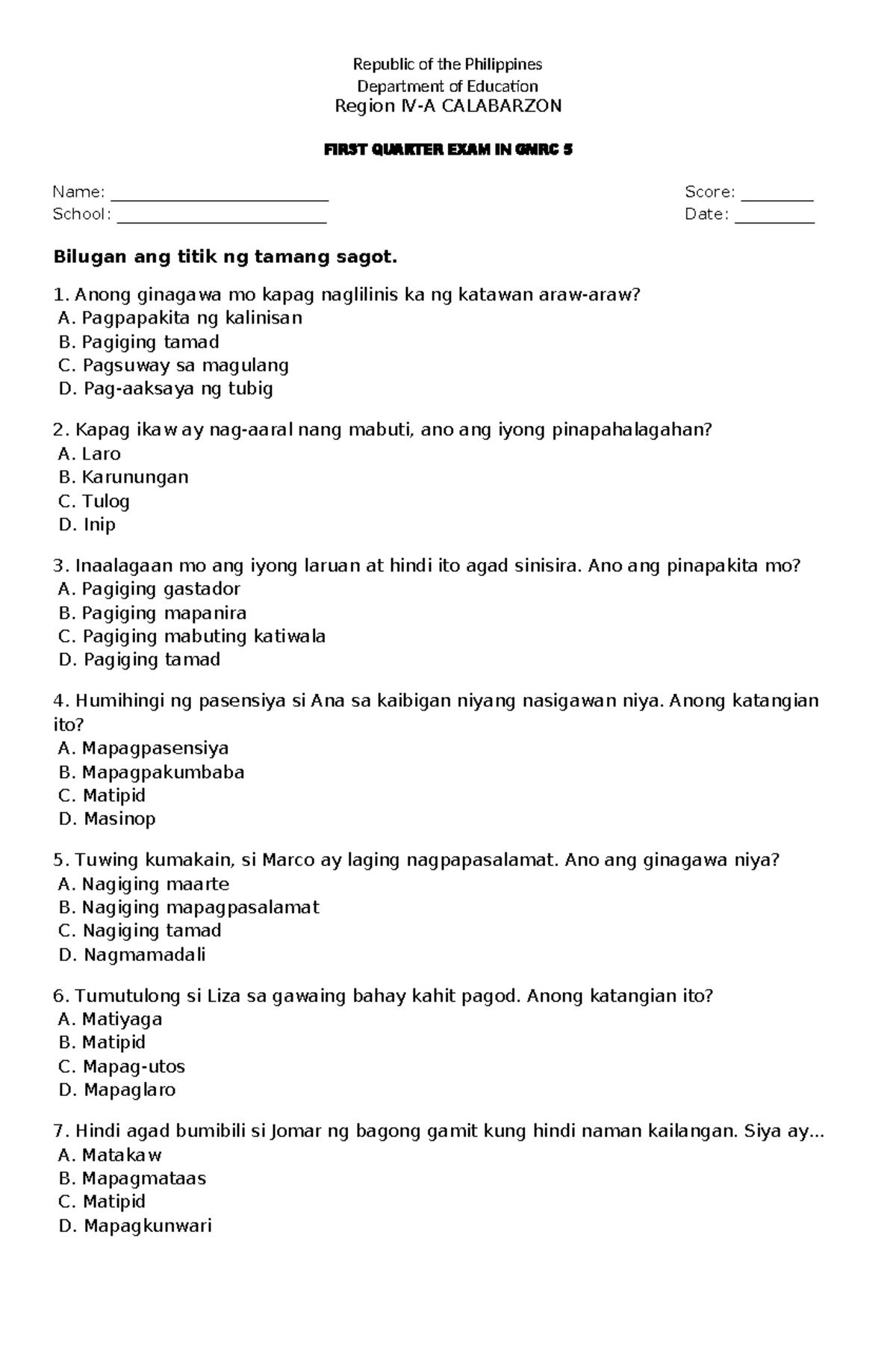 G5 QE 1 GMRC - First Quarter Exam Review Guide - Studocu