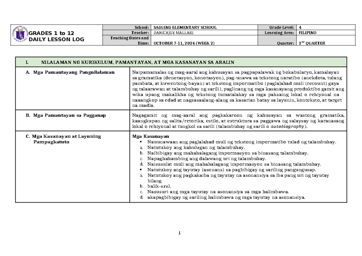 Filipino 4 Q2W2 - Detailed Lesson Plan on Talambuhay and Tayutay ...