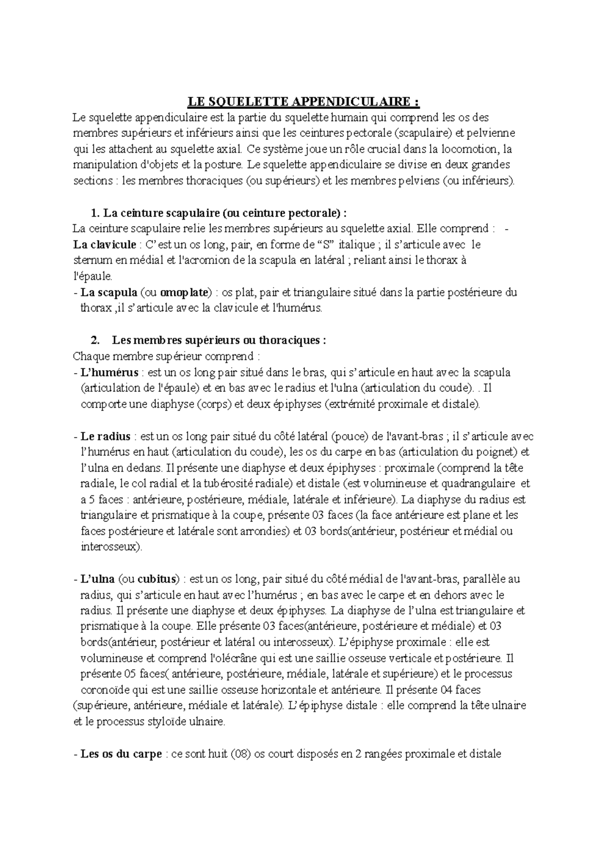 LE SQUELETTE APPENDICULAIRE : Structure et Fonction - Cours 1 - Studocu