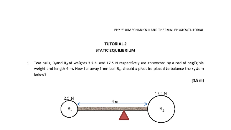 PHY210 Tutorial 2 - Static Equilibrium Concepts and Problems - Studocu