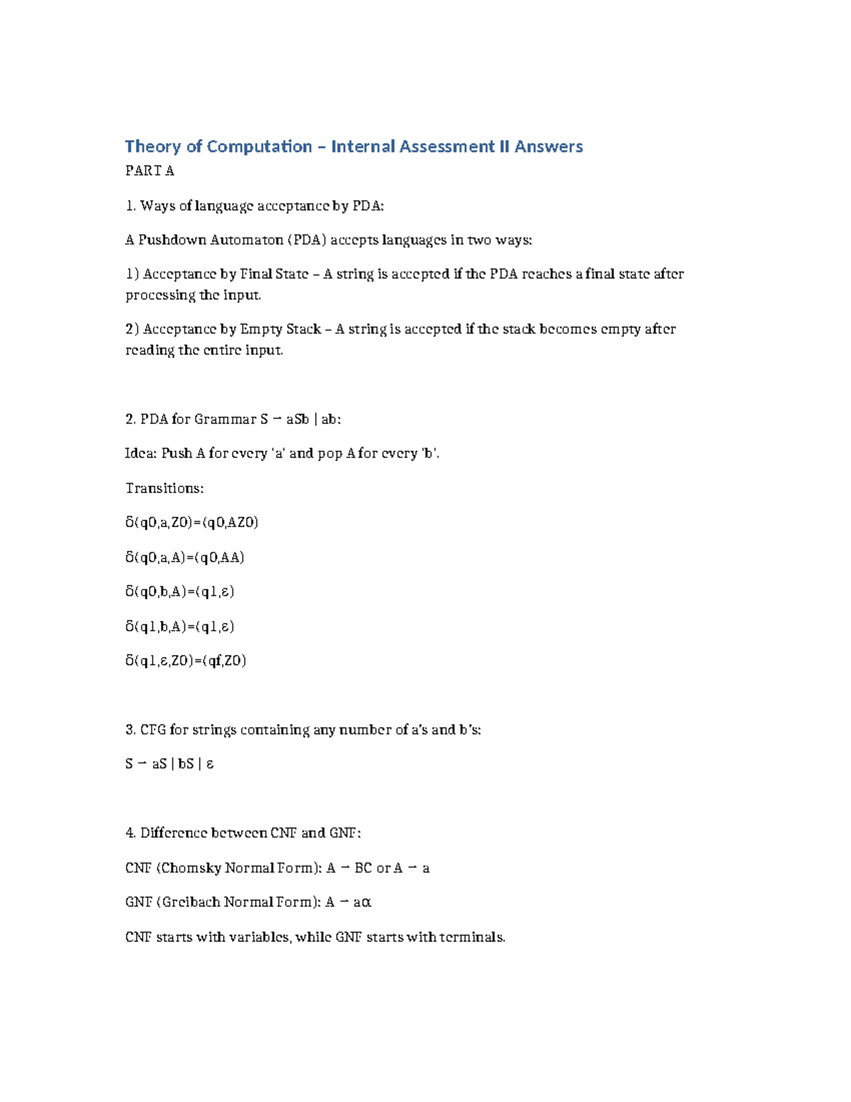 TOC Internal Assessment II Answers: PDA, CFG, and CNF Insights - Studocu