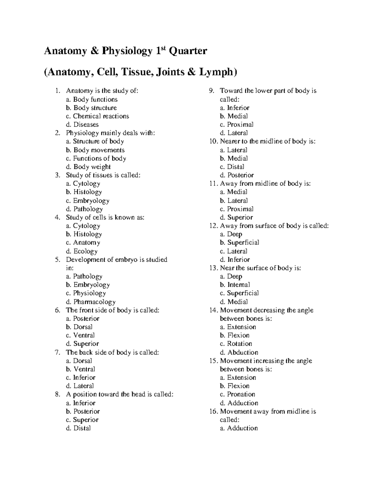 Anatomy & Physiology 1st Quarter Study Guide (Cells, Tissues, Joints ...