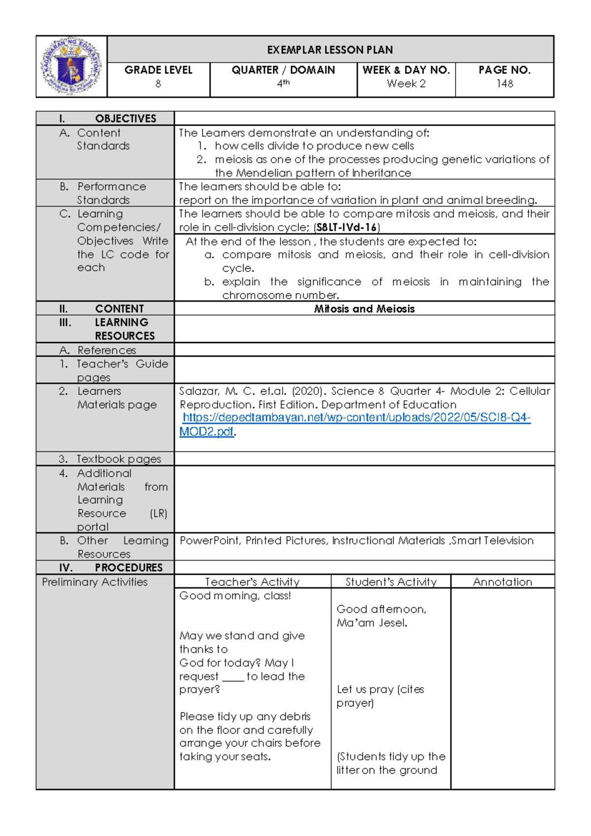 Grade 8 Science Lesson Plan: Comparing Mitosis & Meiosis (Week 2) - Studocu