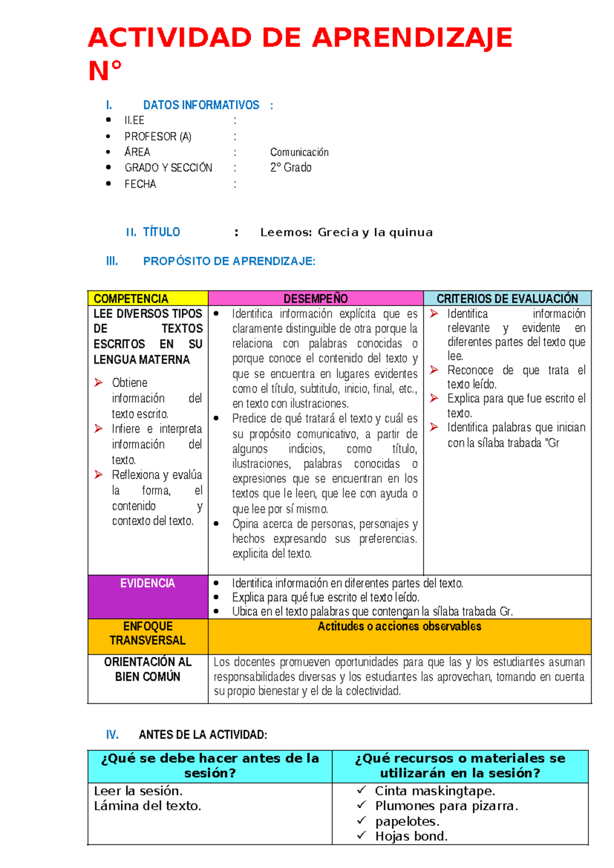Leemos: Grecia y la Quinua - Actividad de Aprendizaje 2° Grado - Studocu