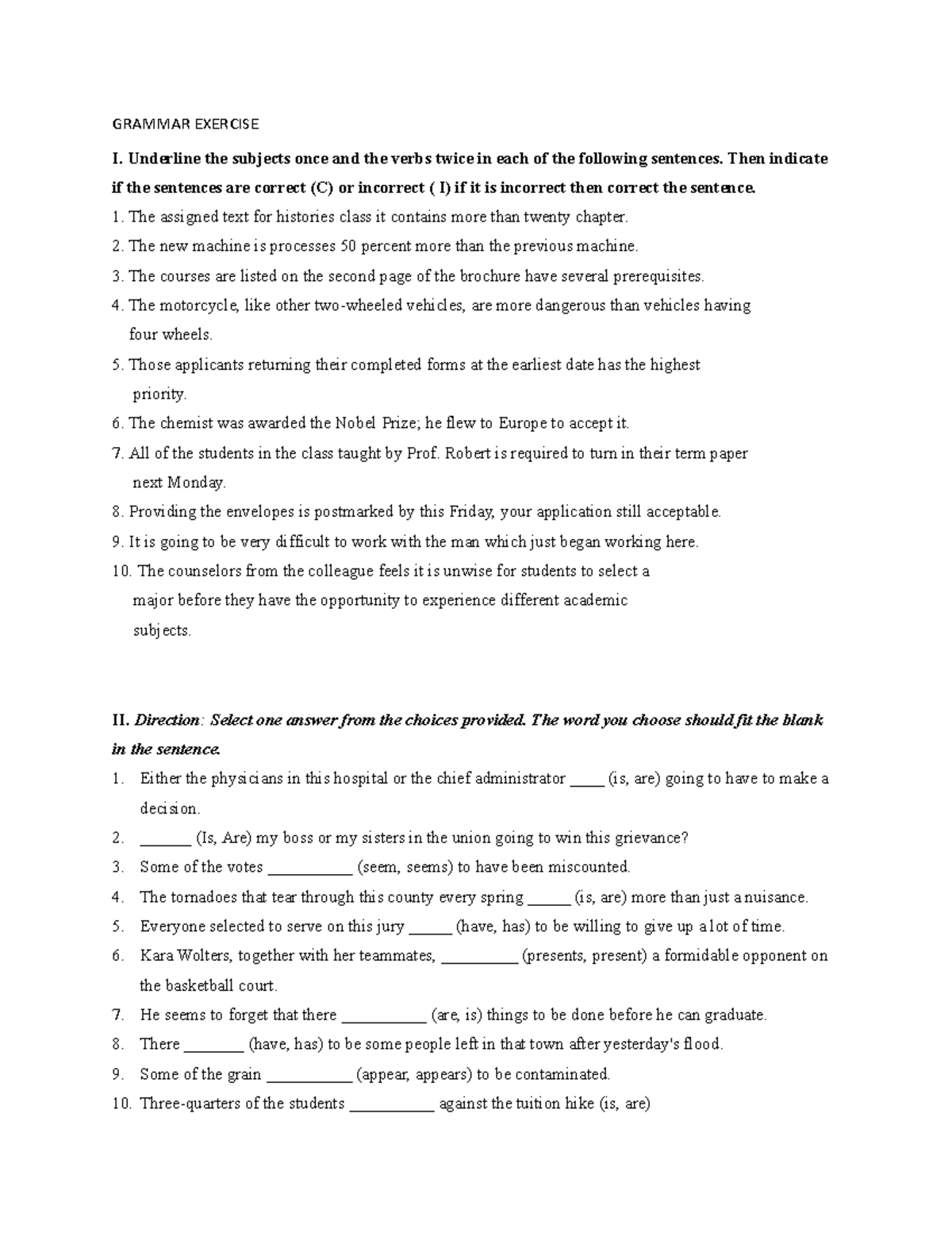 Grammar Exercises for Class: Subjects, Verbs & Adjective Clauses - Studocu