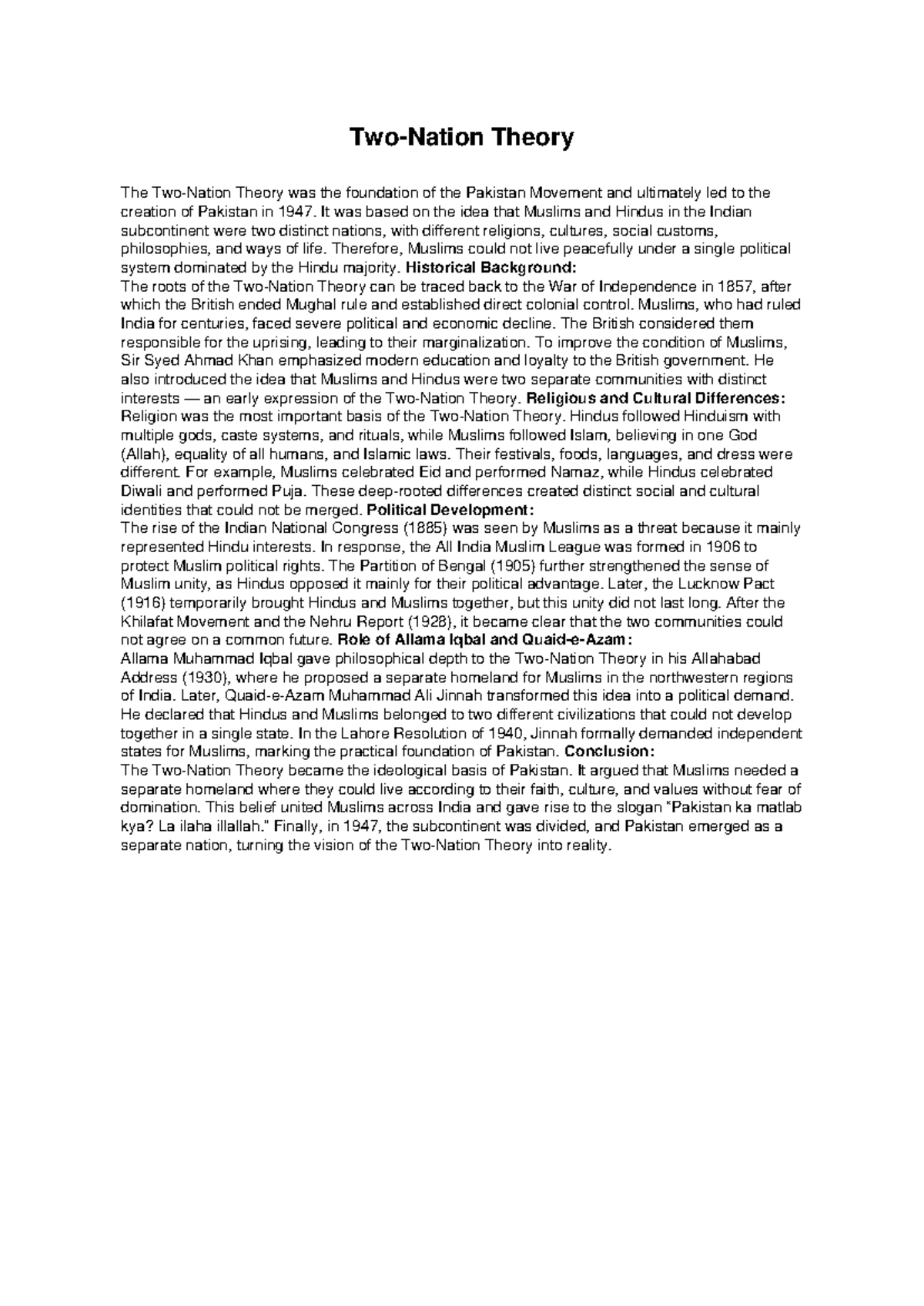 Two Nation Theory Notes: Foundation of Pakistan Movement - Studocu