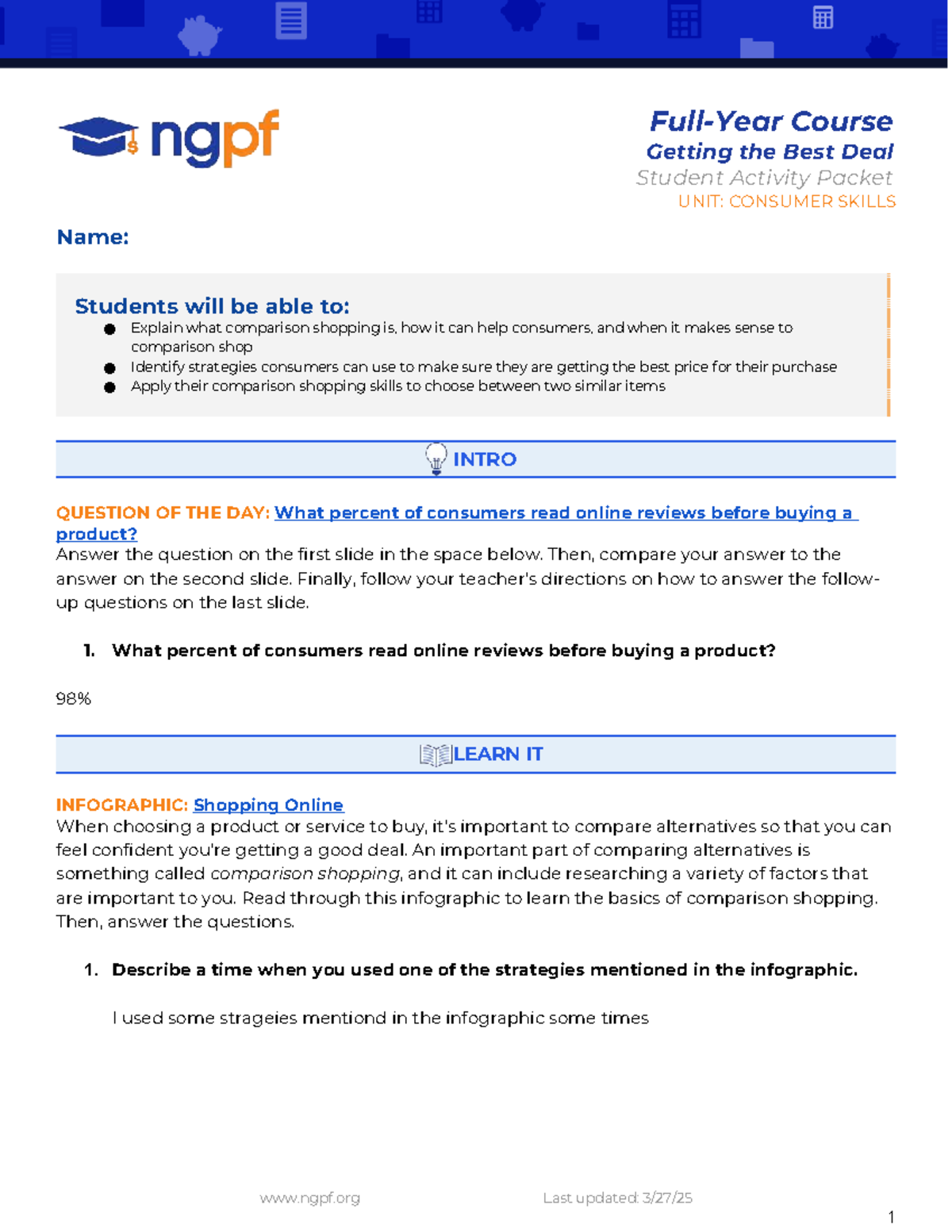 Copy of Getting the Best Deal Student Activity Packet - Full-Year ...