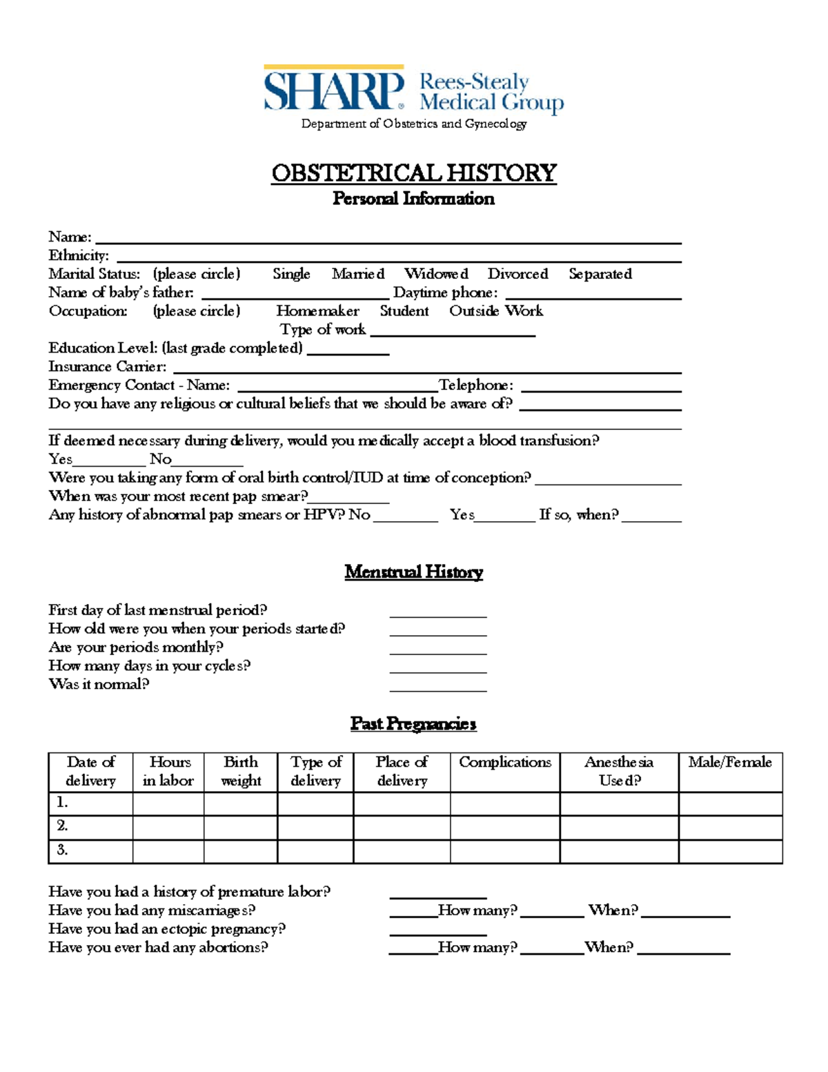 OB HX form - Obstetric History Form sample format - Department of ...