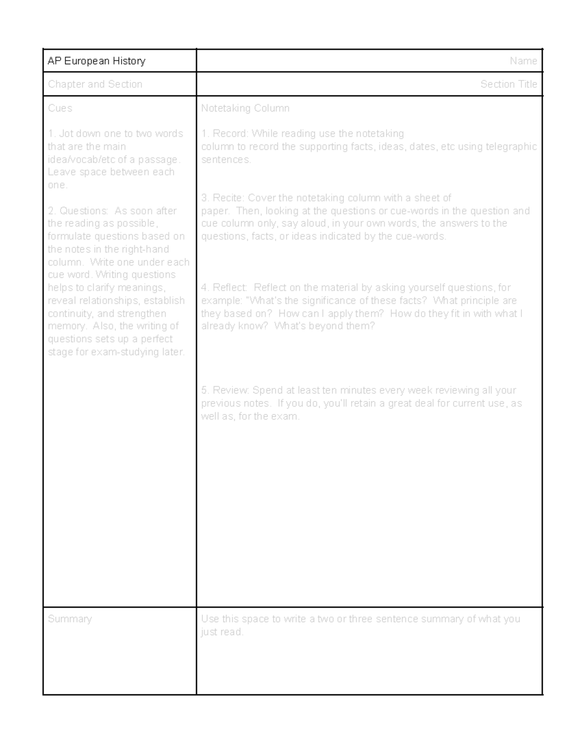 AP European History: Cornell Notes Template for Chapter & Section - Studocu