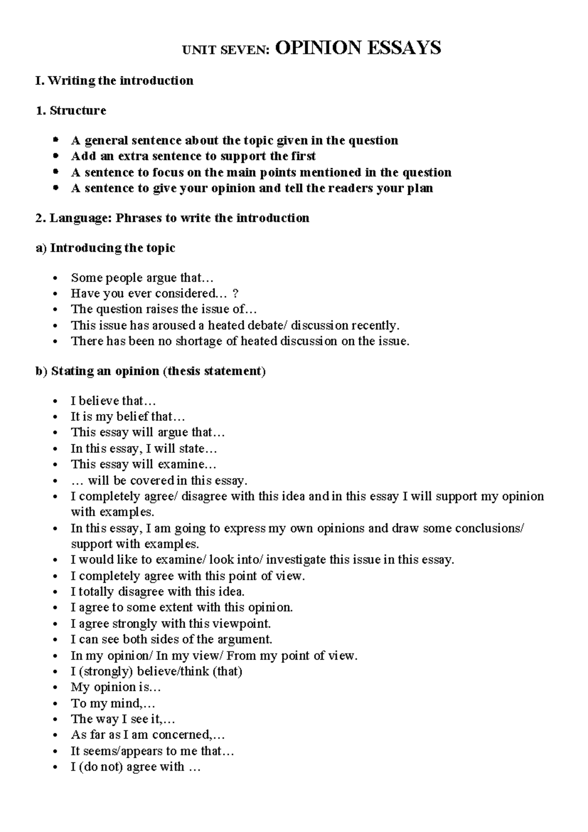 UNIT 7: Opinion Essays - Writing Introductions & Body Structure - Studocu