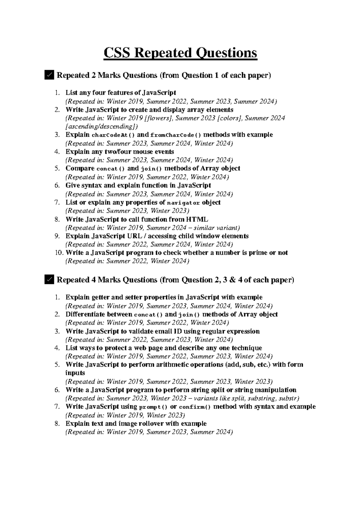 CSS-IMP-Questions: Repeated 2 & 4 Marks Qs for MSBTE Exams - Studocu