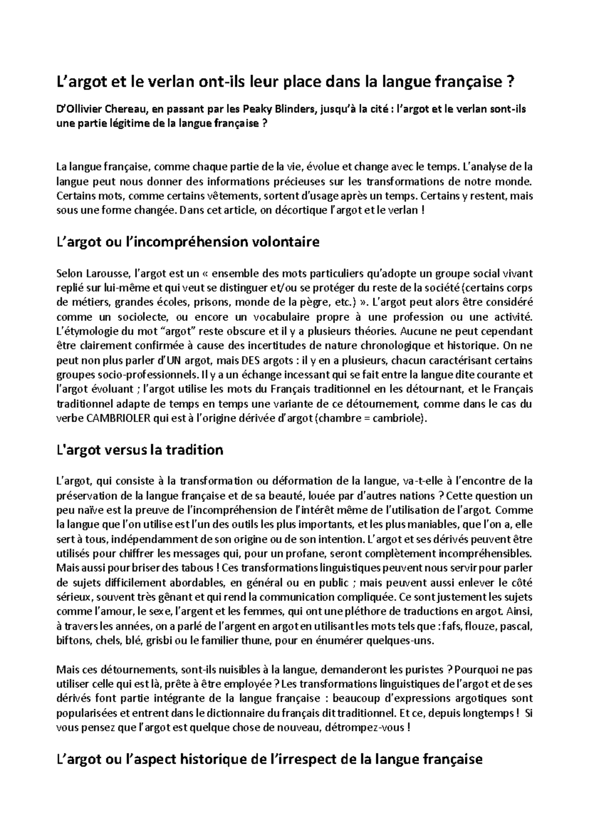 Largot ET LE Verlan - Appunti per esame di lingua francese - L’argot et ...