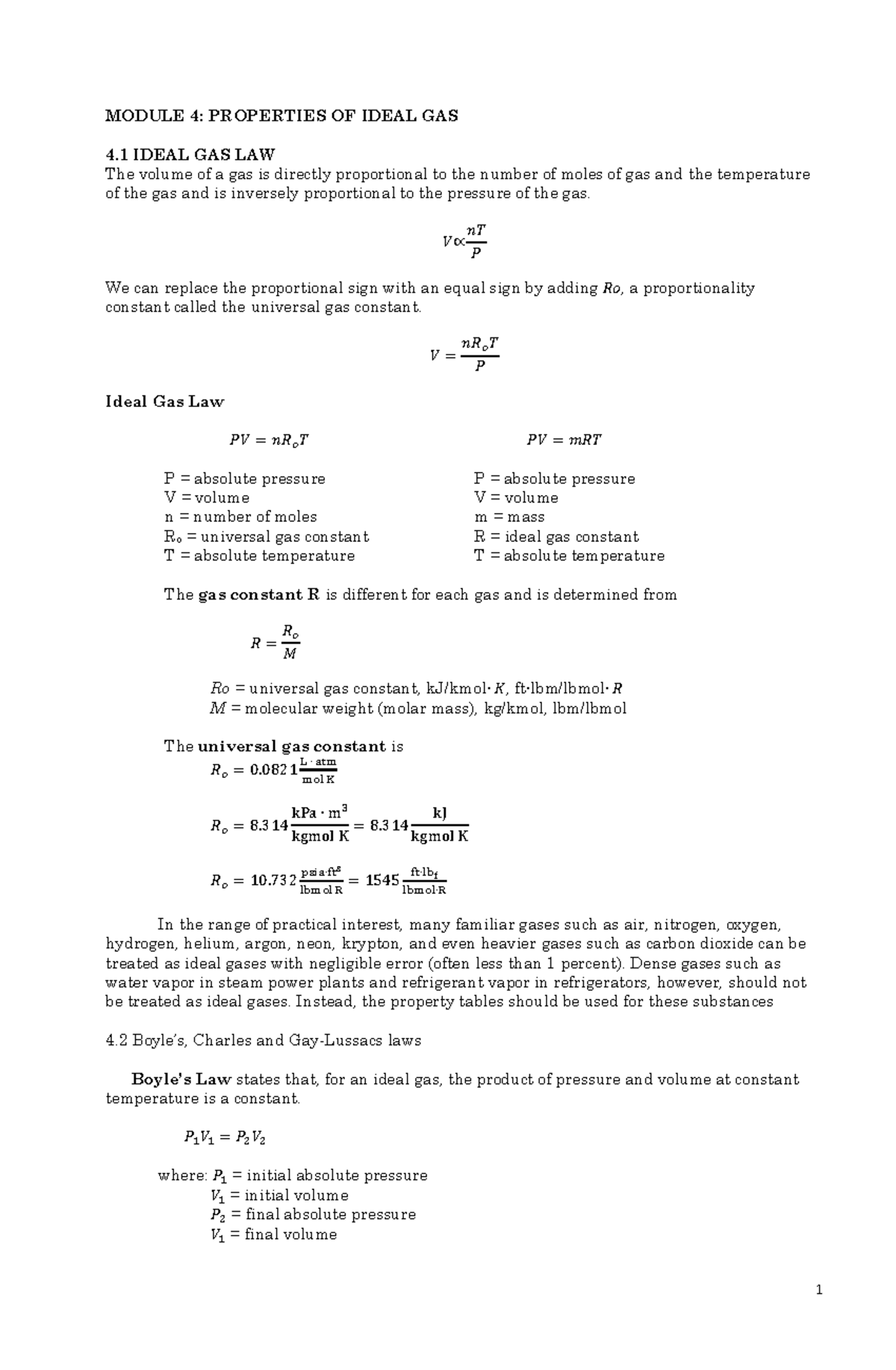 Thermo 4 Notes: Properties of Ideal Gas and Gas Laws - Studocu