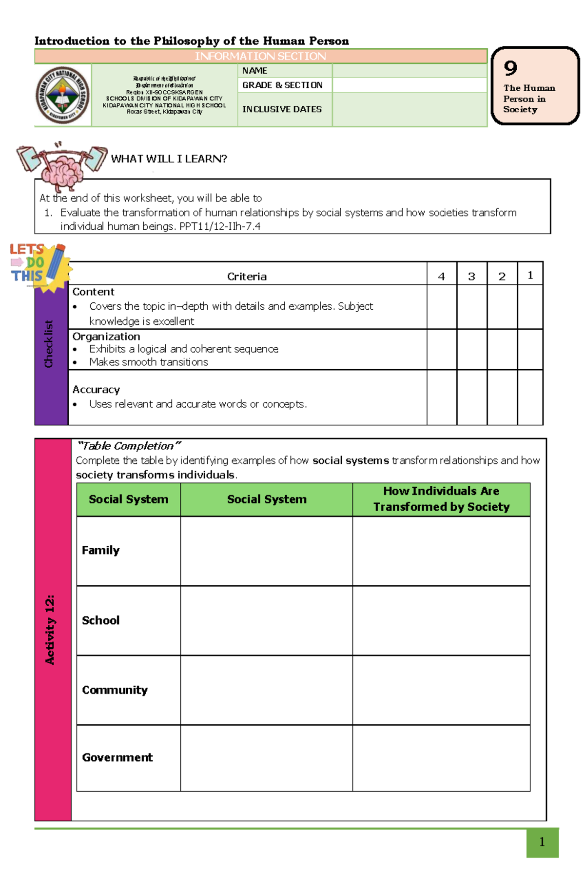 Philo 9: Worksheet on Human Relationships & Social Systems - Studocu